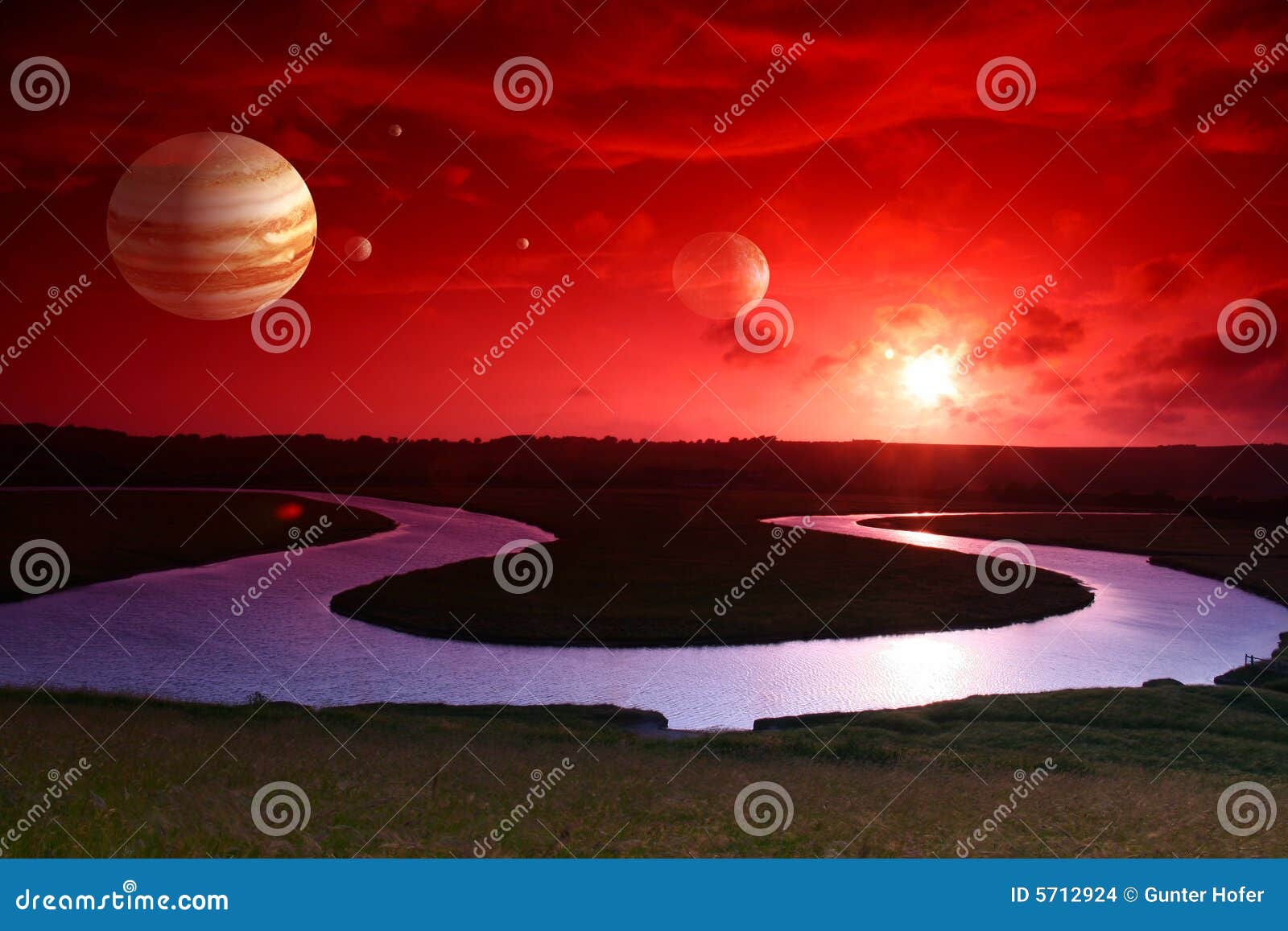 Sunset on alien world stock illustration. Illustration of beams - 5712924
