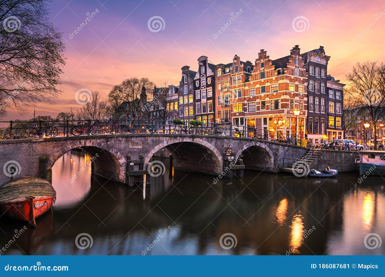 Sunset in Amsterdam, Netherlands Stock Image - Image of landmark ...