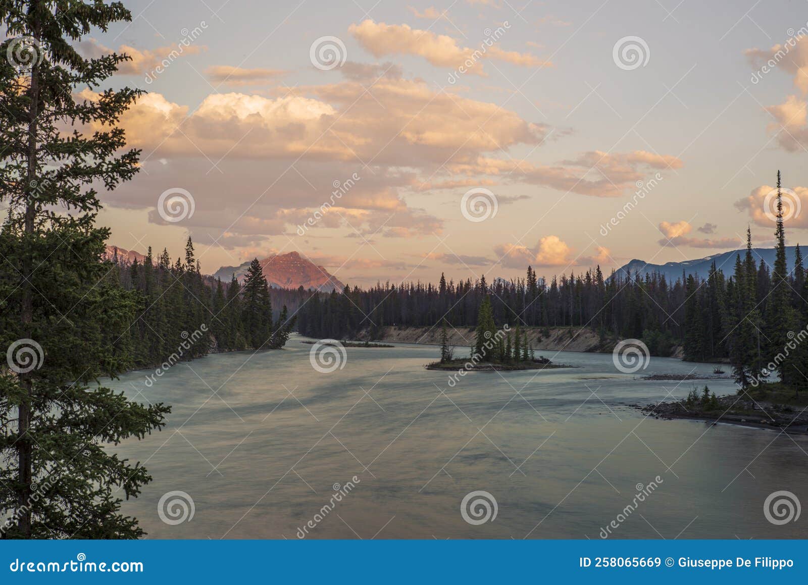 Sunset on the Athabasca River in Jasper National Park in Canada Stock ...