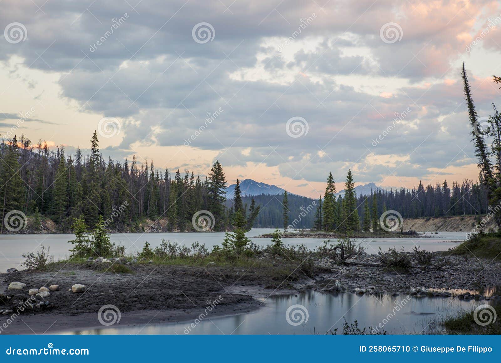 Sunset on the Athabasca River in Jasper National Park in Canada Stock ...