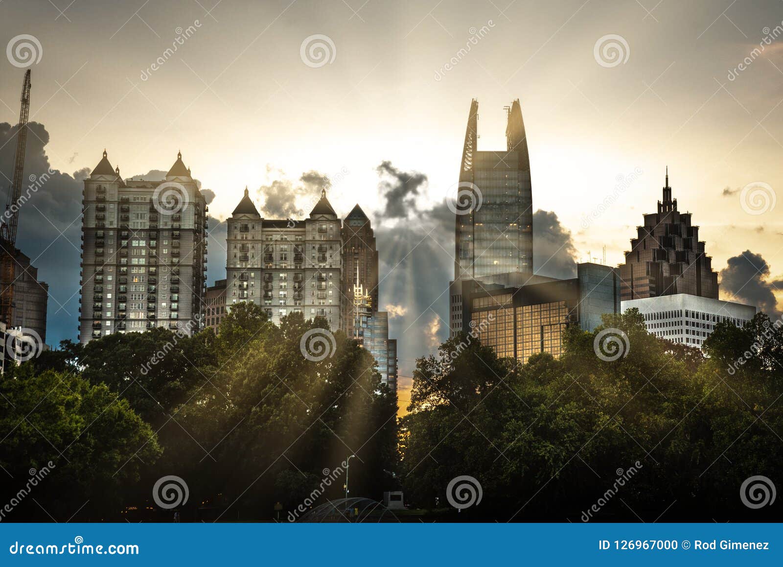 Sunset in Atlanta Skyline with Warm and Beautiful Sun Rays Stock Photo ...