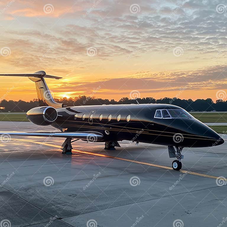 Sunset Backdrop As a Private Jet Prepares for Takeoff. Stock Photo ...