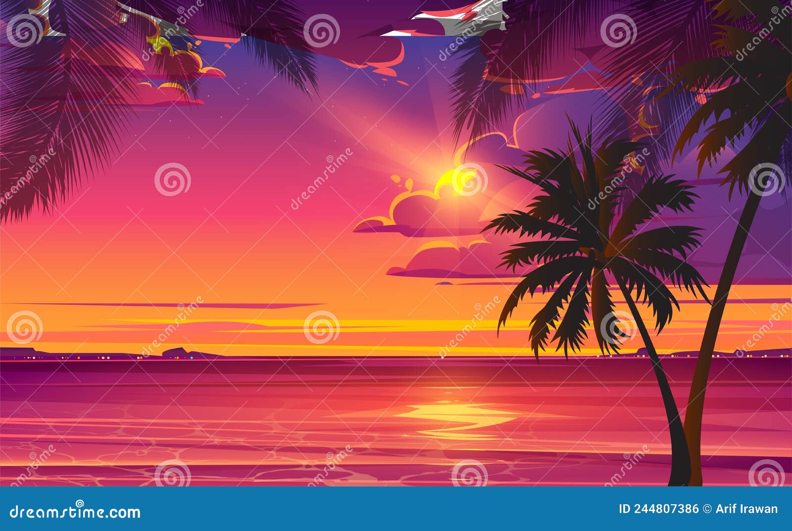 Sunset Background with Coconut Tree Stock Vector - Illustration of ...