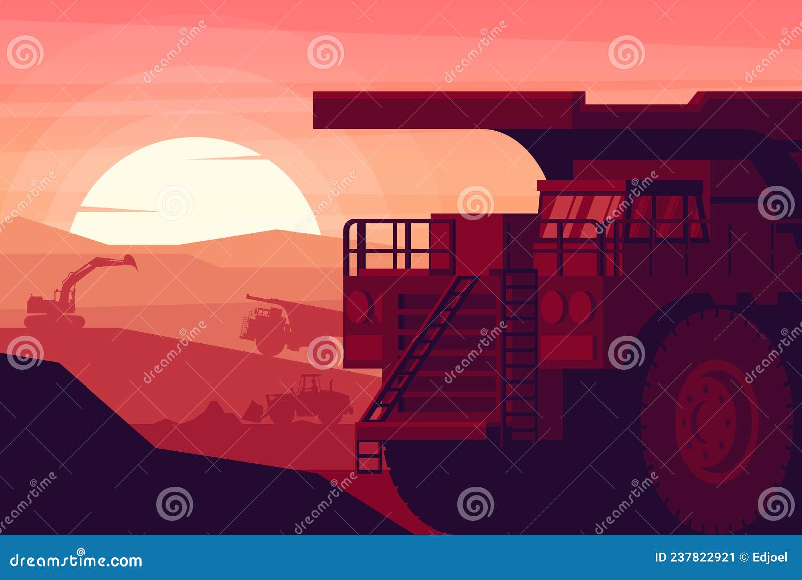 Sunset Background with Heavy Machinery of Mining Truck, Excavator and ...