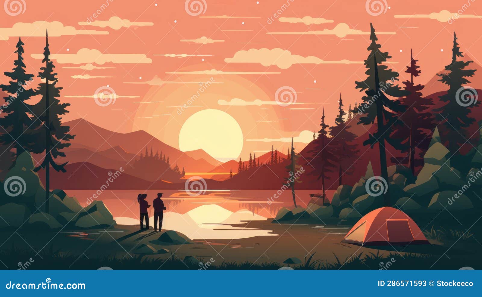 Romanticized Wilderness: Camp at Sunset Illustration with Two People ...