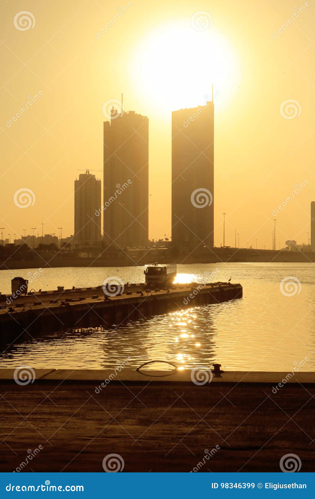 Sunset at Bahrain Harbour stock image. Image of real - 98346399
