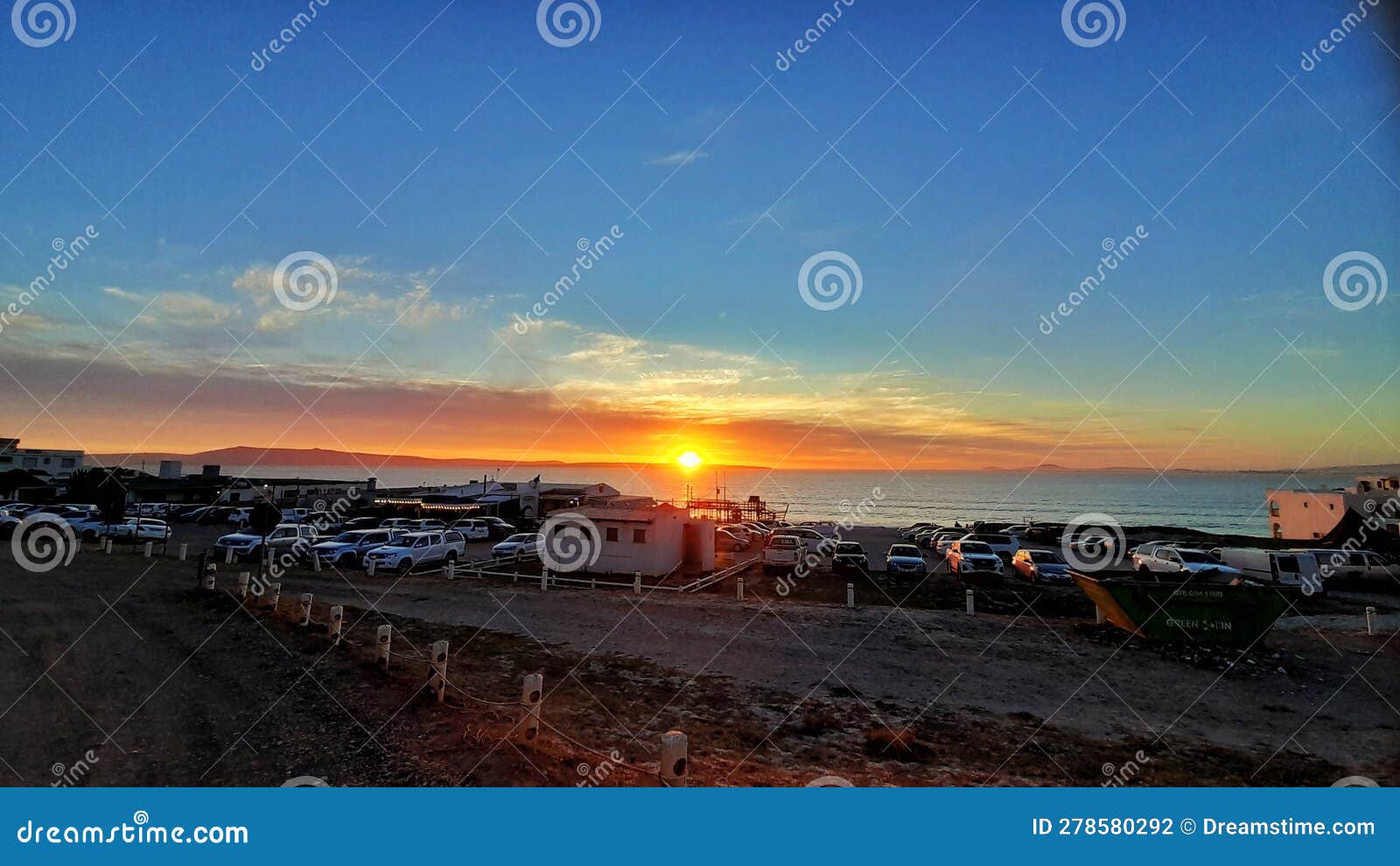 Sunset Beach Bar Parking Vehicles Ocean Sea Stock Photo - Image of ...