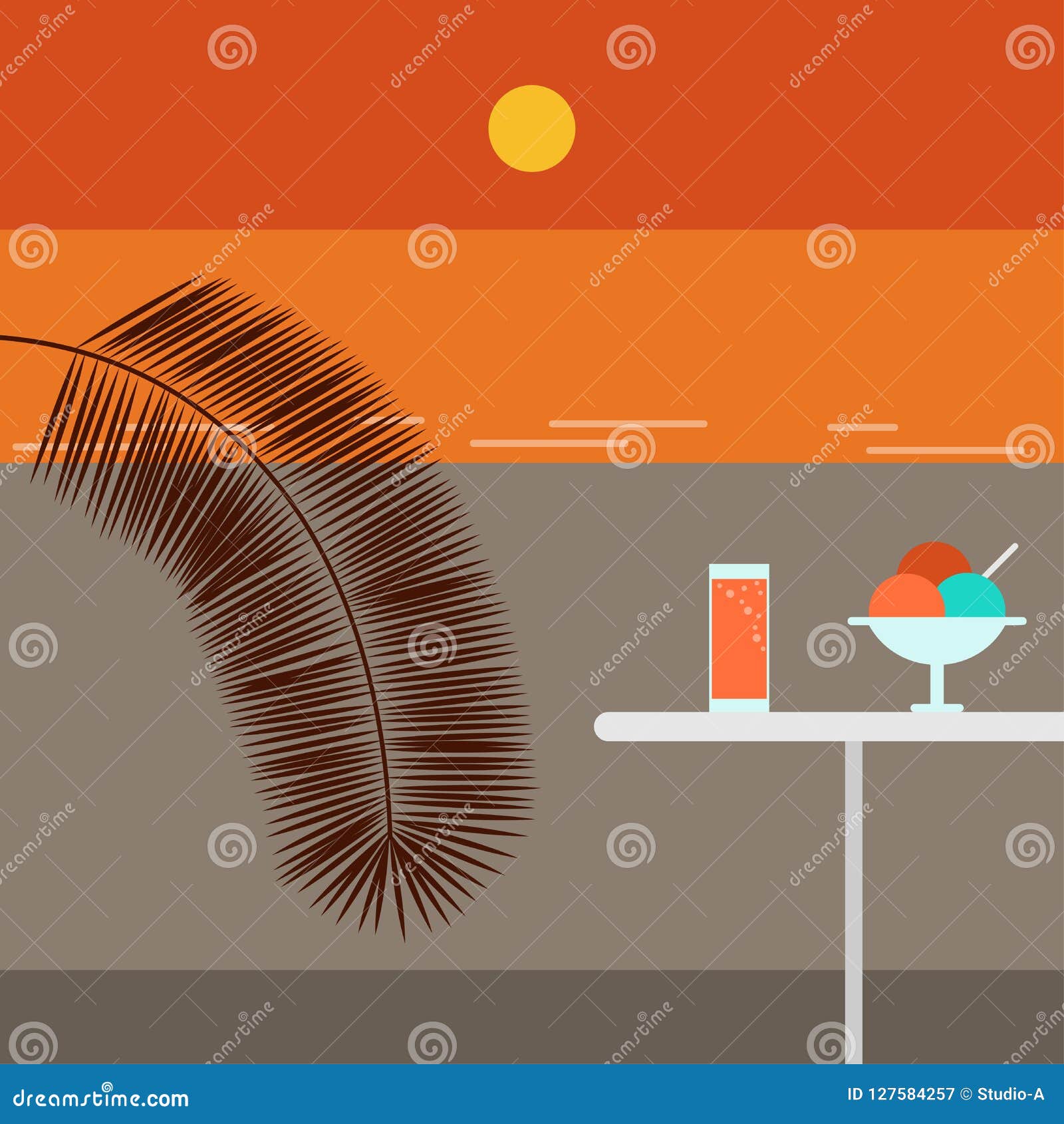 Sunset Beach and Cafe. Vector Illustration. Stock Vector - Illustration ...