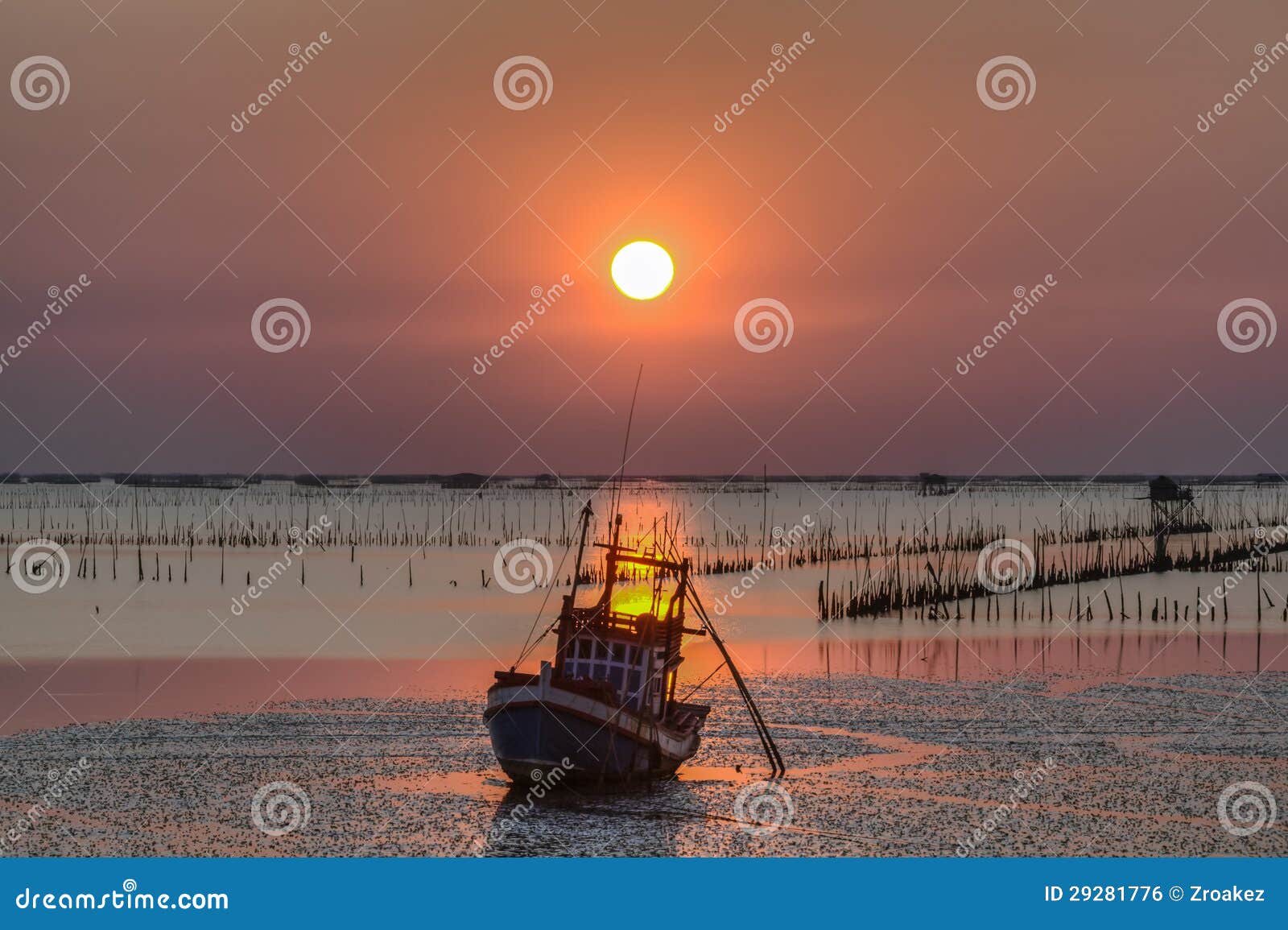 Sunset Beach and Fishing Boat Stock Photo - Image of color, peace: 29281776