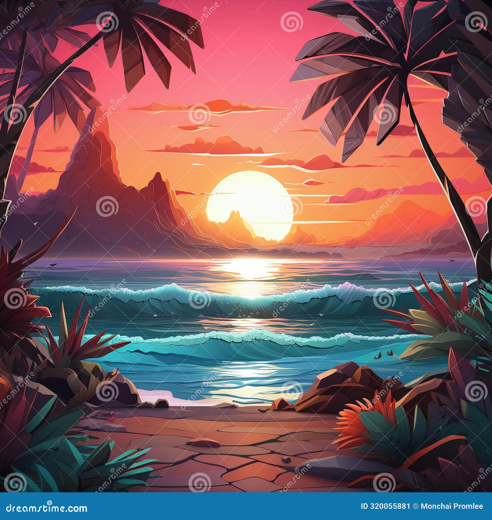Sunset Beach Landscape, Flat Design, Front View, Tropical Paradise ...