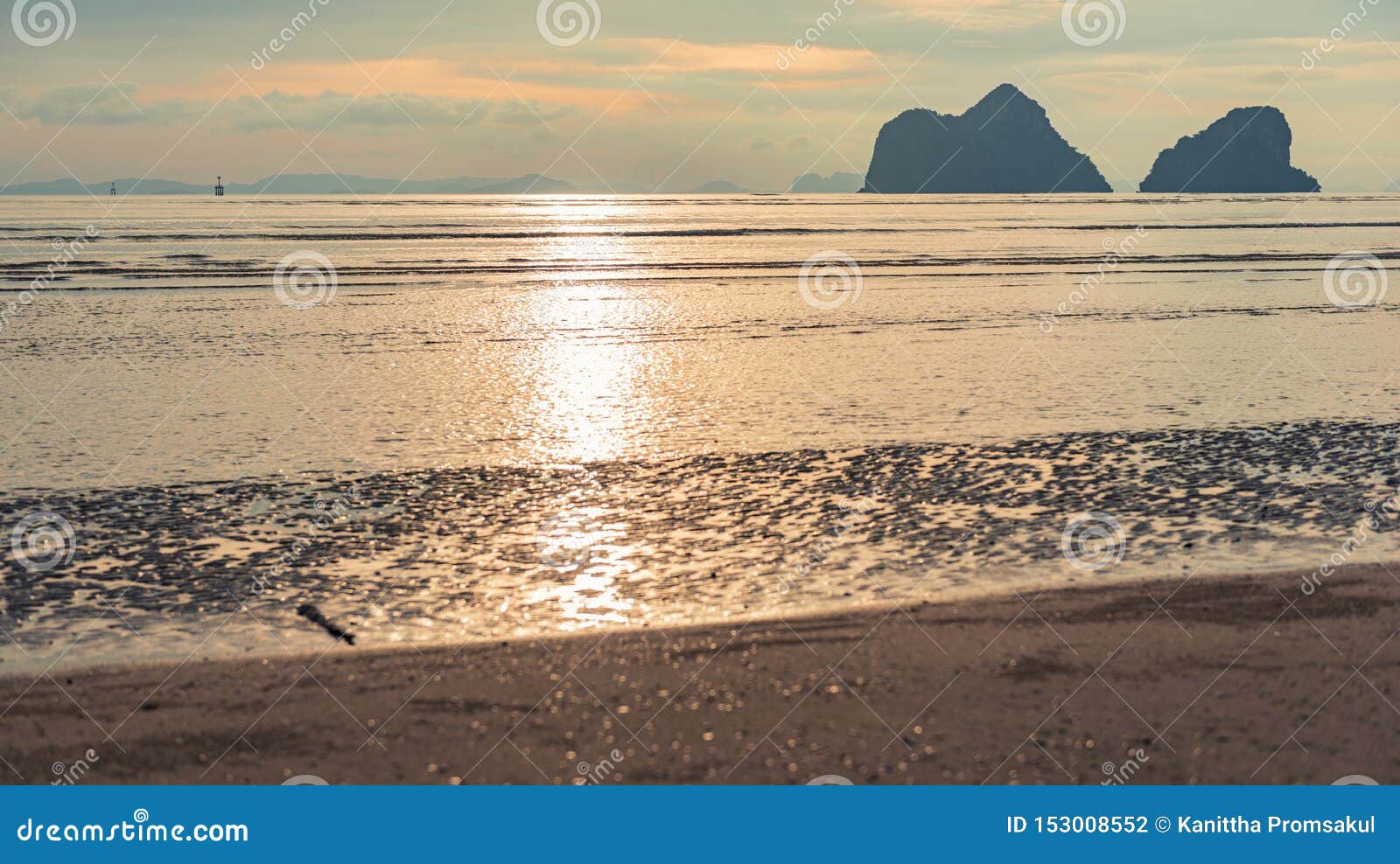 Sunset on the Beach with Mountain Background. Stock Photo - Image of ...