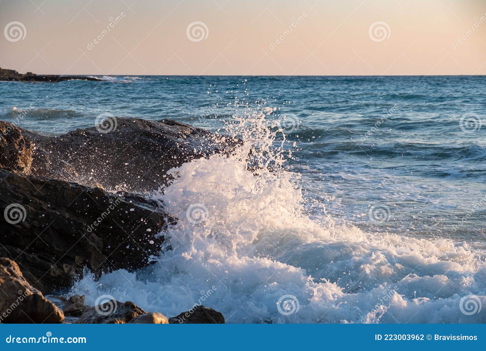 Sunset Beach Ocean Wave Splash. Stone Sky Stock Photo - Image of ...
