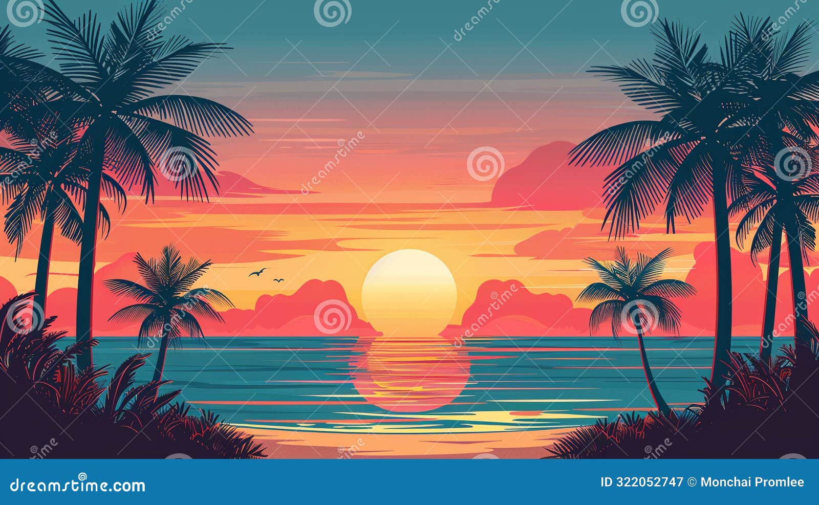 Sunset at a Beach Outing Flat Design Front View Peaceful Theme Cartoon ...