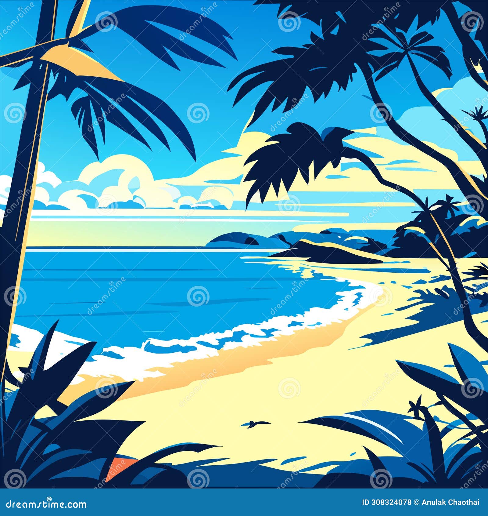 Sunset on the Beach with Pine Trees. Vector Illustration in a Flat ...