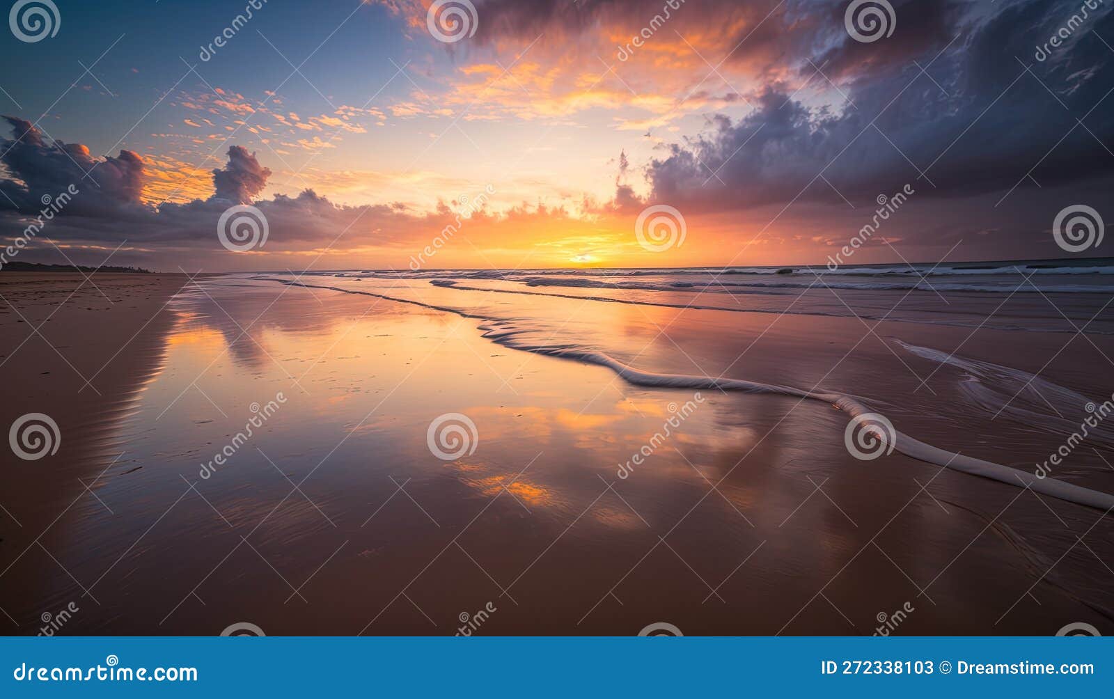 A Sunset on a Beach with Waves Coming in and Clouds Reflecting Off the ...
