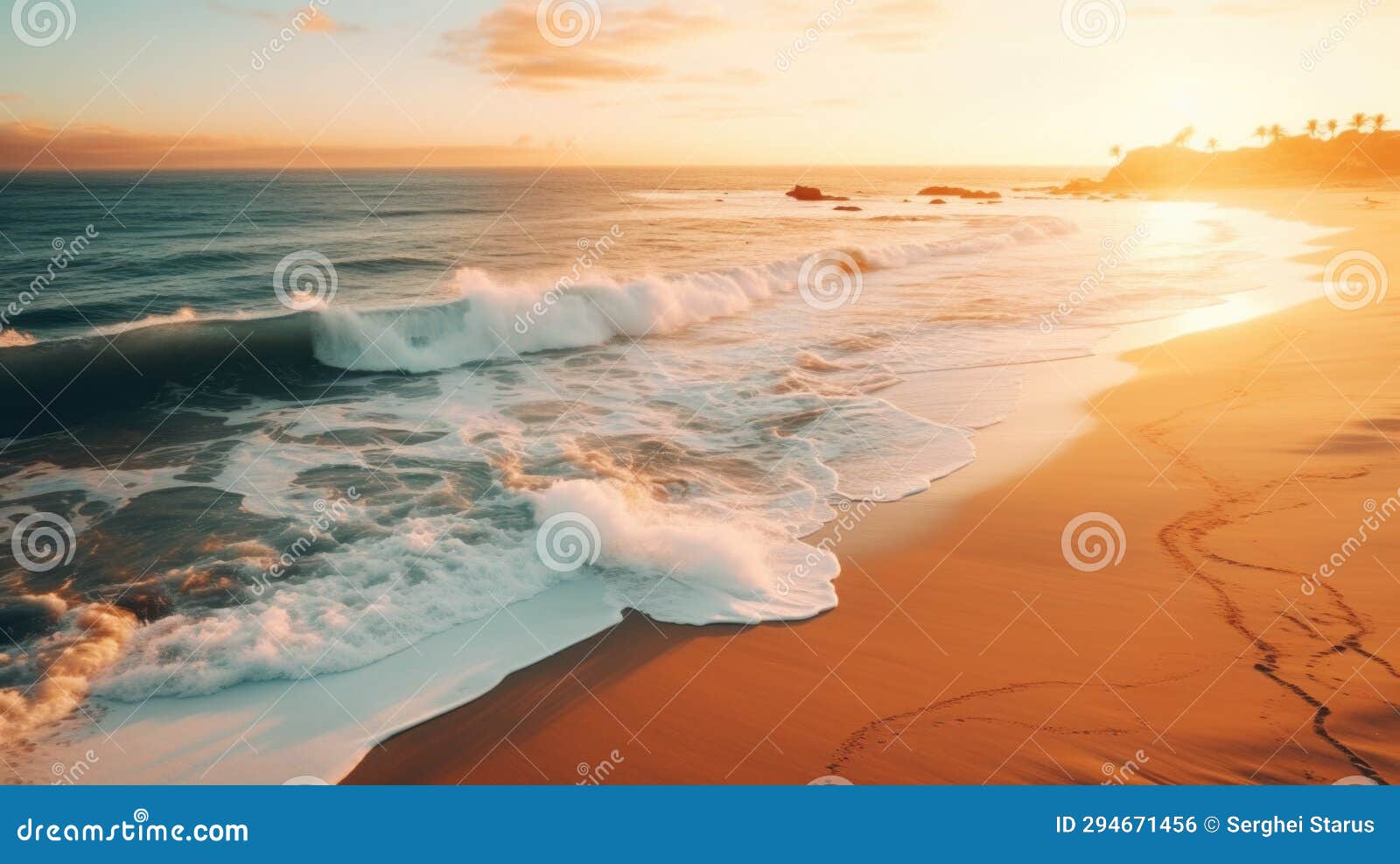 Sunset on the Beach with Waves and Palm Trees, AI Stock Photo - Image of vacations, blue: 294671456