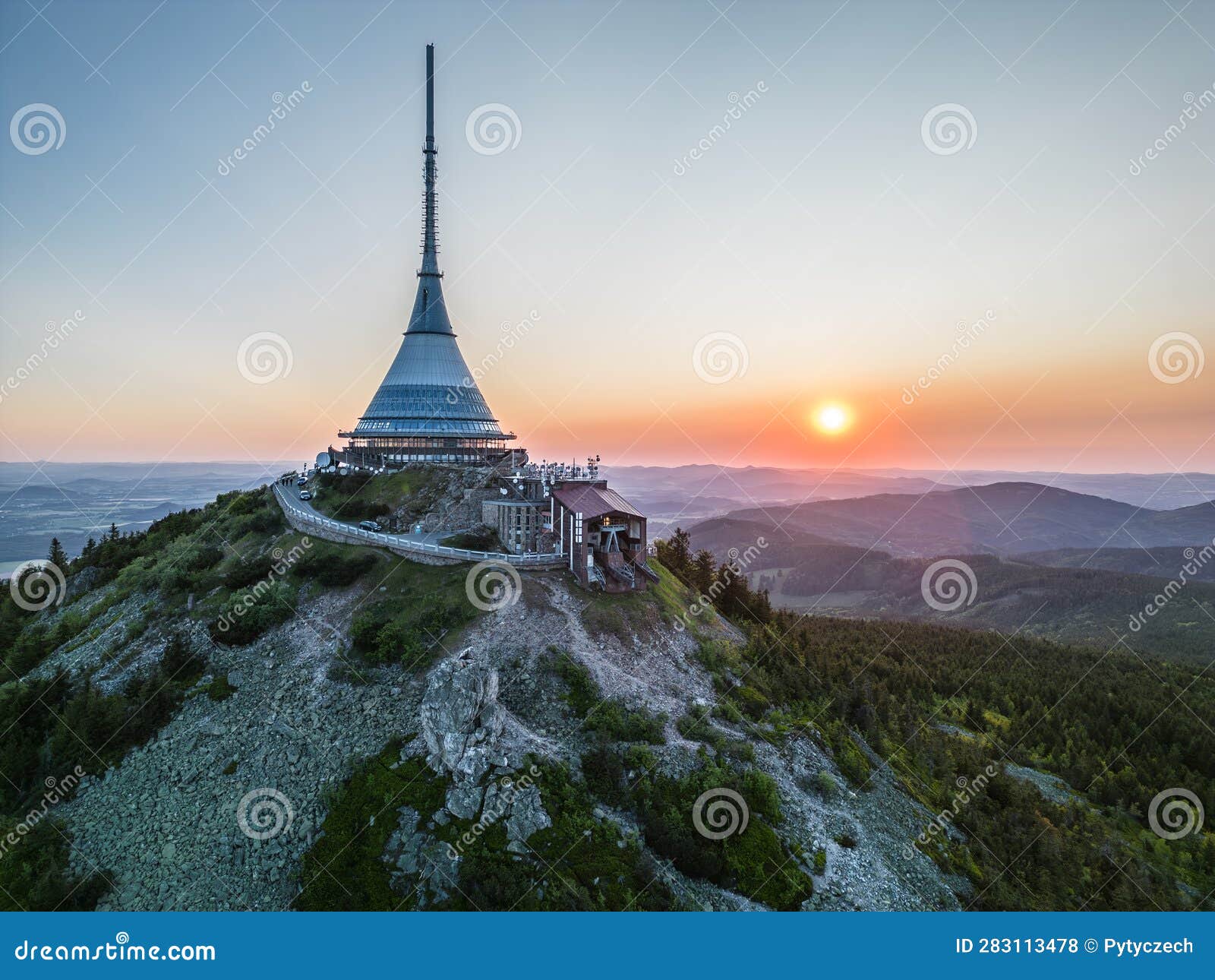 Sunset Behind Jested Mountain from Above Stock Photo - Image of foggy ...