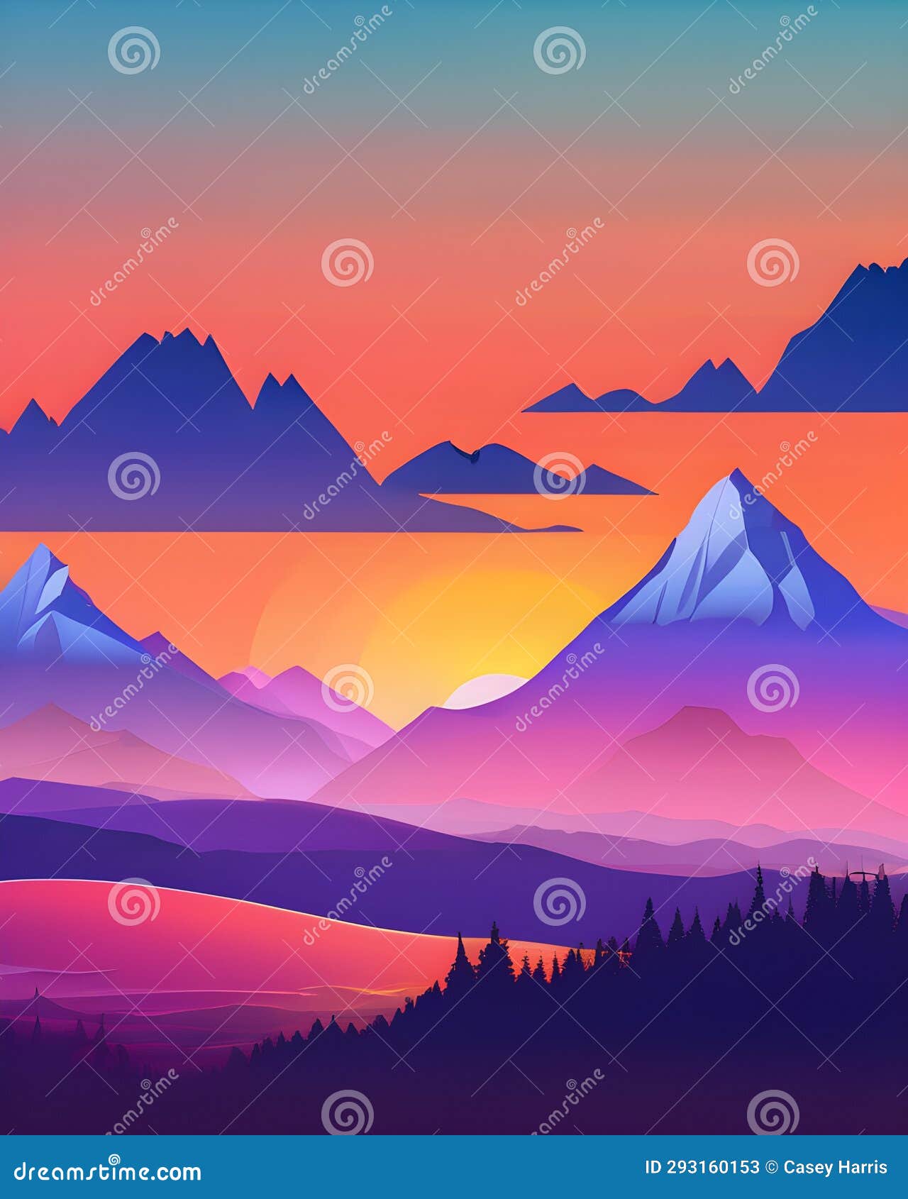 Sunset Behind the Mountains Stock Illustration - Illustration of ...