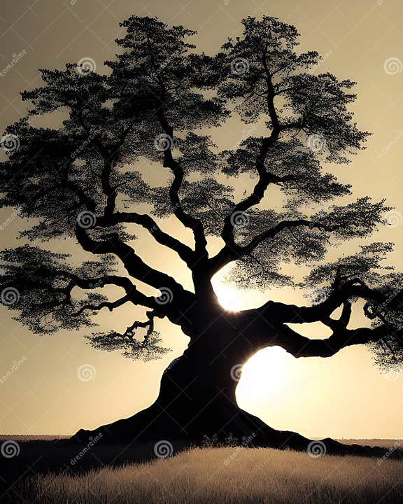 Sunset behind an Oak tree stock illustration. Illustration of sunset ...