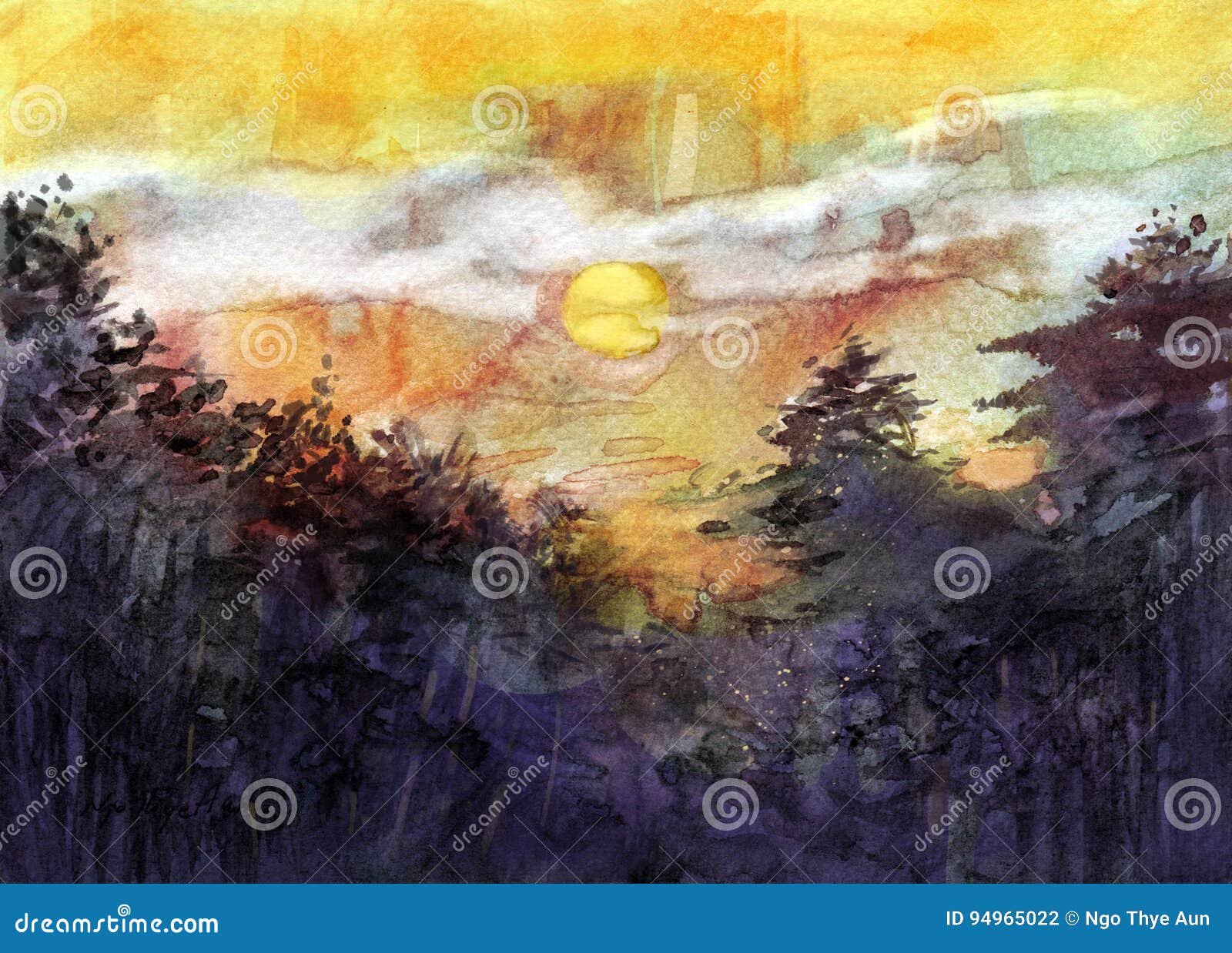 Sunset behind tree stock illustration. Illustration of yellow - 94965022