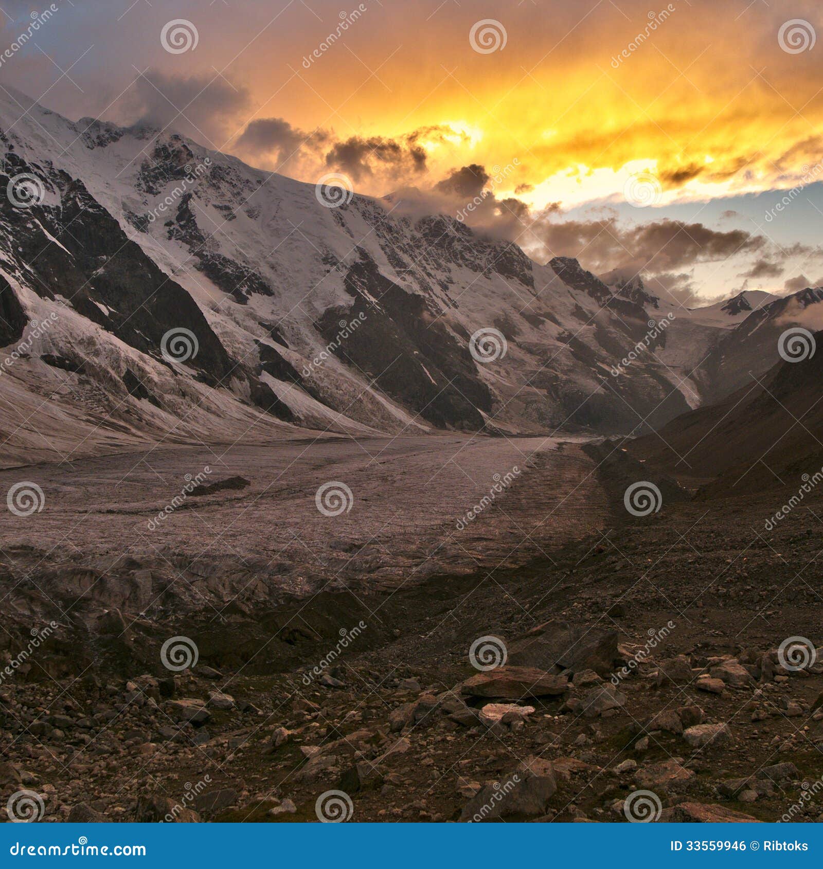 Sunset at the Bezengi Wall stock photo. Image of orange - 33559946