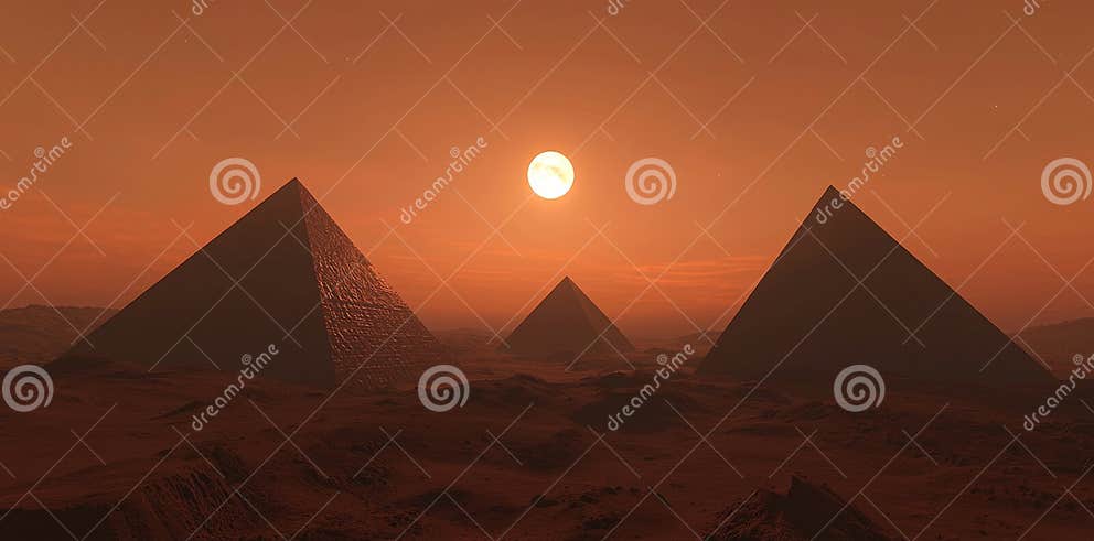 Sunset and Big Moon Over the Pyramids in Ancient Egypt Stock Photo ...