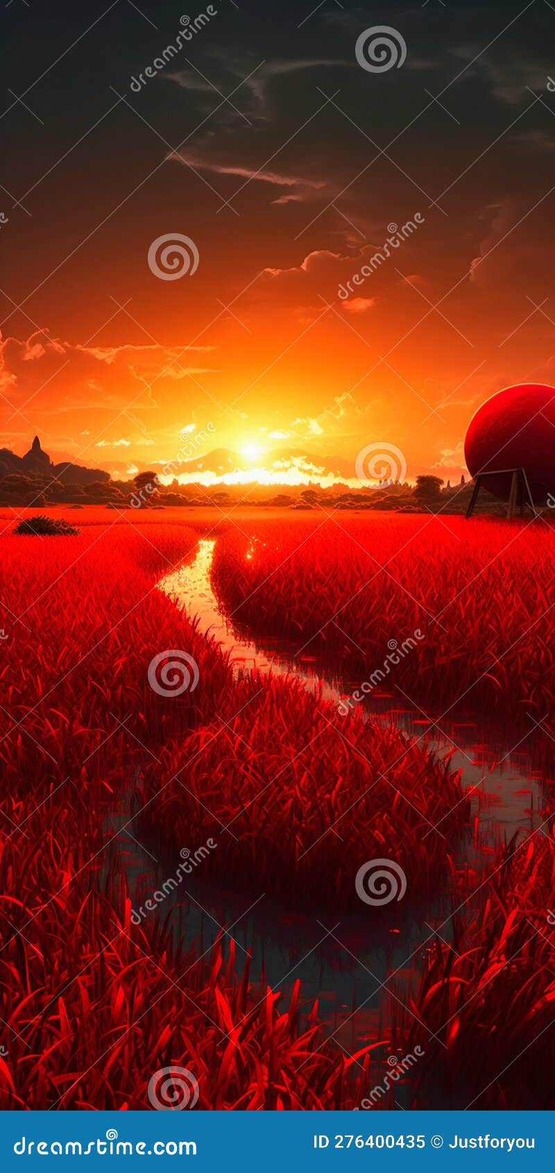 Sunset with a Big Red Sun Setting on the Rice Fields Horizon ...
