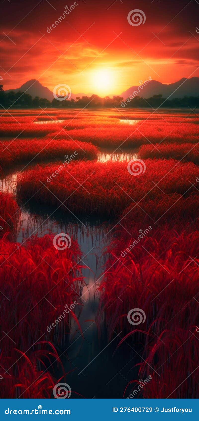 Sunset with a Big Red Sun Setting on the Rice Fields Horizon ...