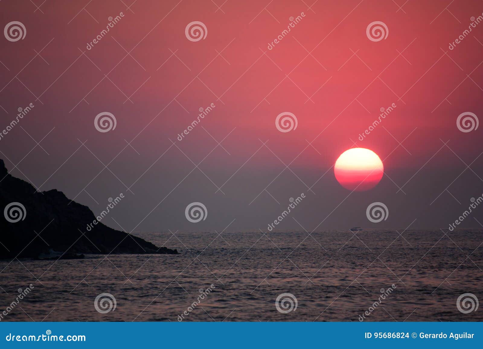 Sunset with big sun stock photo. Image of boat, colors - 95686824