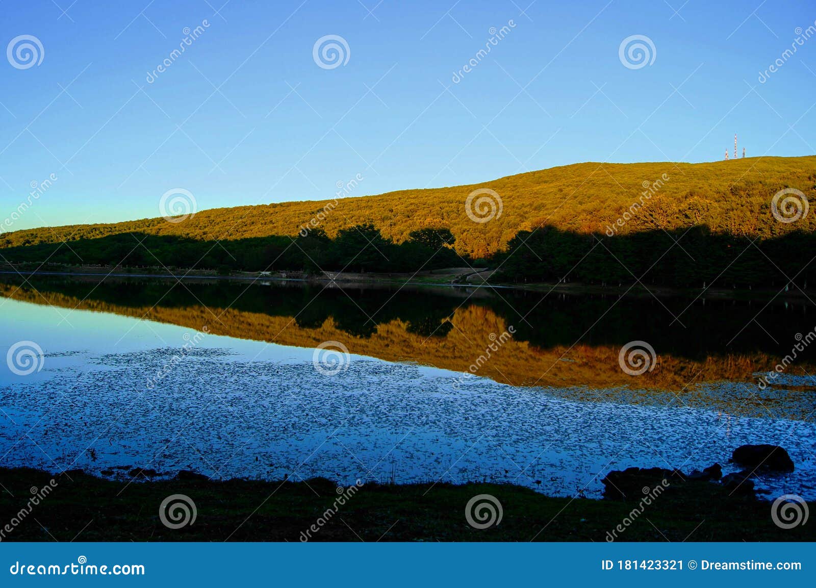 Sunset and Blue Sky on the Mountain Lake Stock Image - Image of ...