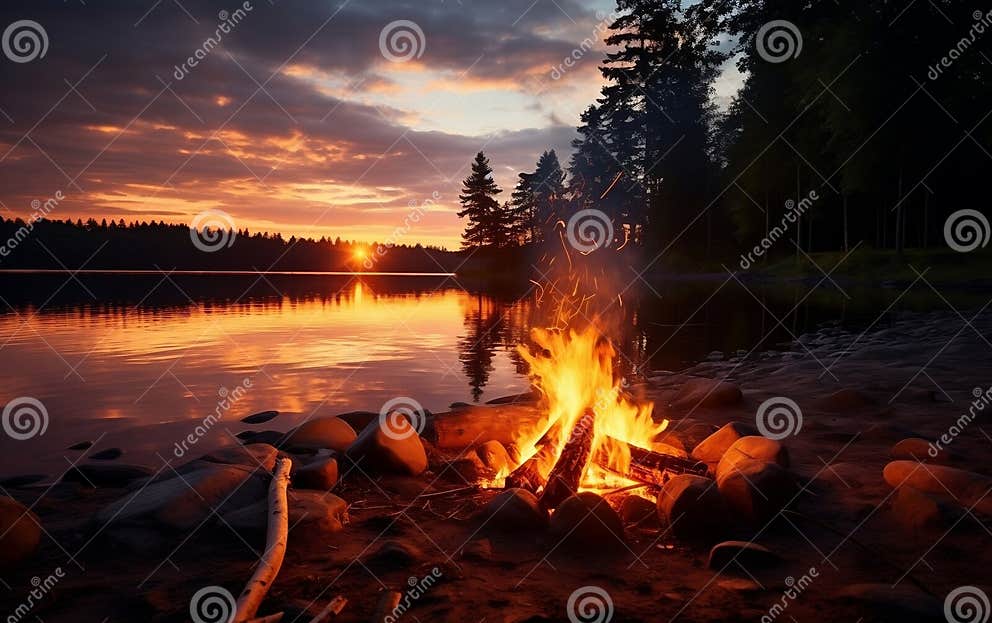 Sunset Bonfire by the Forest Lake. Generative AI Stock Photo - Image of ...