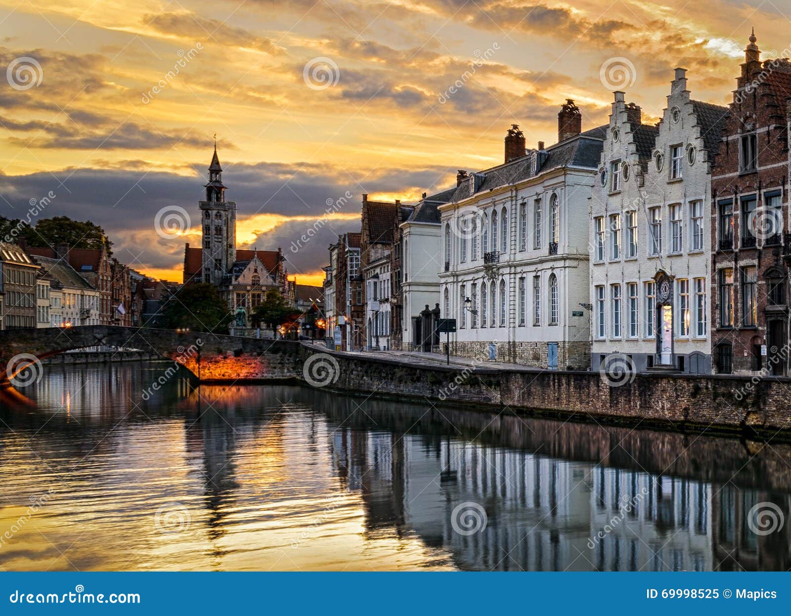 Sunset in Bruges, Belgium stock image. Image of historic - 69998525
