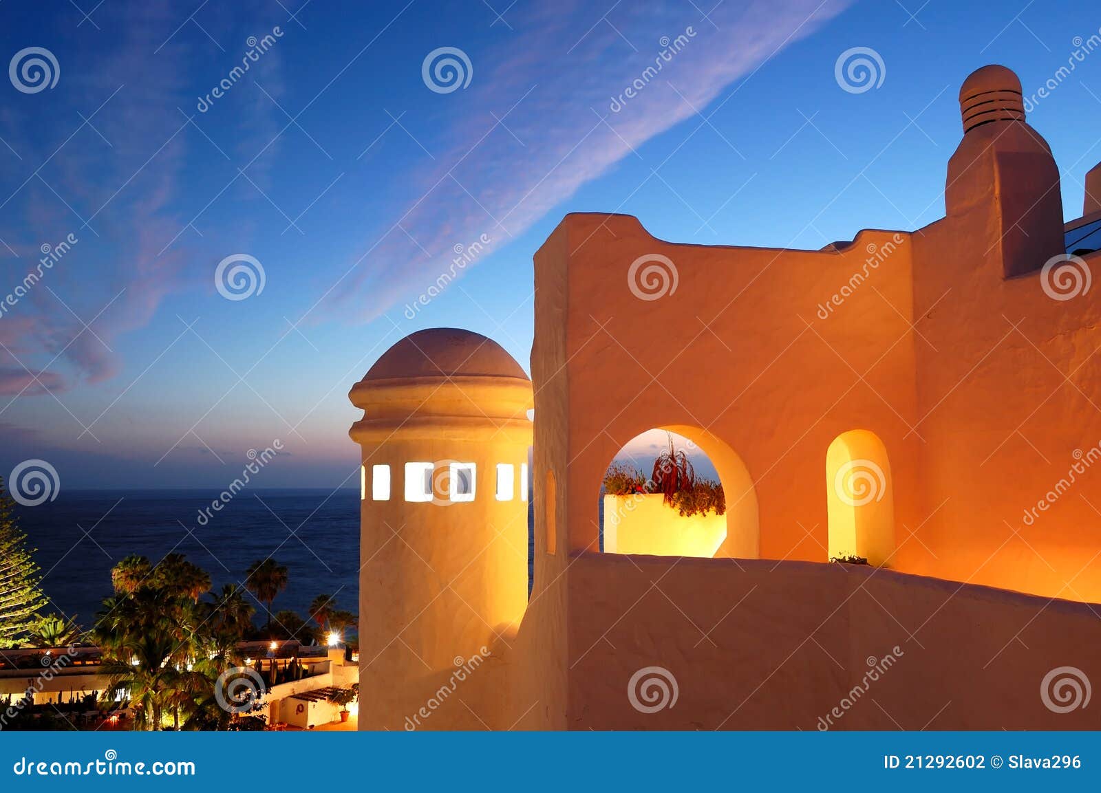 Sunset and Building of Luxury Hotel Stock Photo - Image of green ...