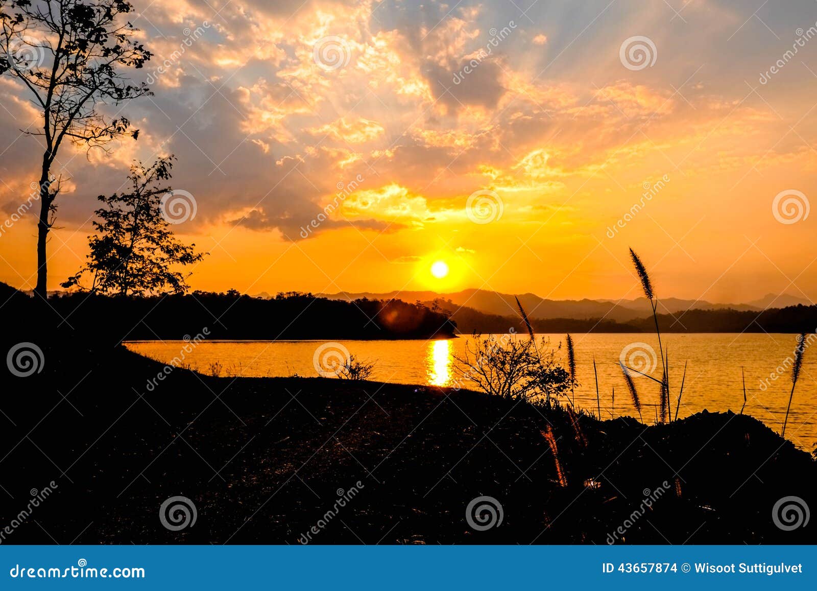 Camping Tents in the Forest by the Lake at Sunset Stock Photo - Image ...