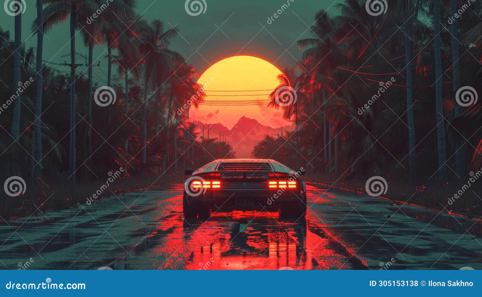 Sunset Car Driving Down the Road, in the Style of Surreal Cyberpunk ...