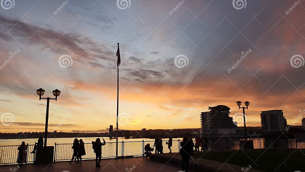 Sunset on Cardiff bay stock photo. Image of sunset, cardiff - 169692800