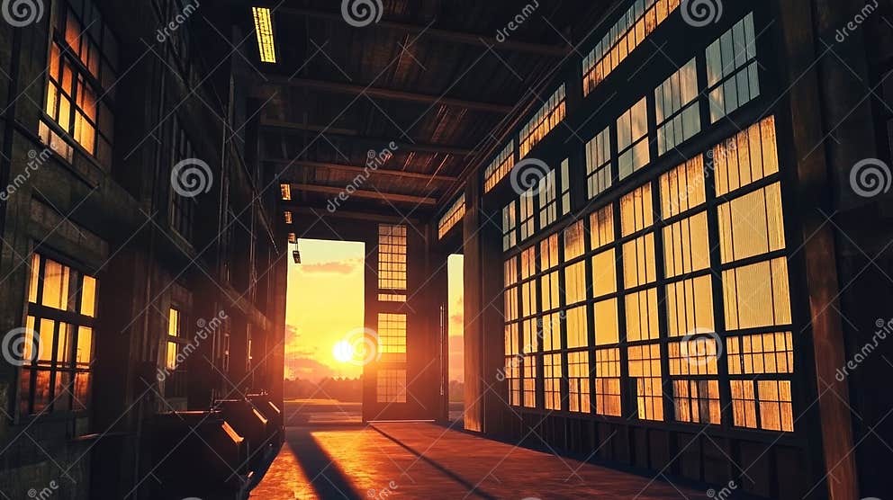 Sunset Casts Warm Light through Large Industrial Windows Stock ...