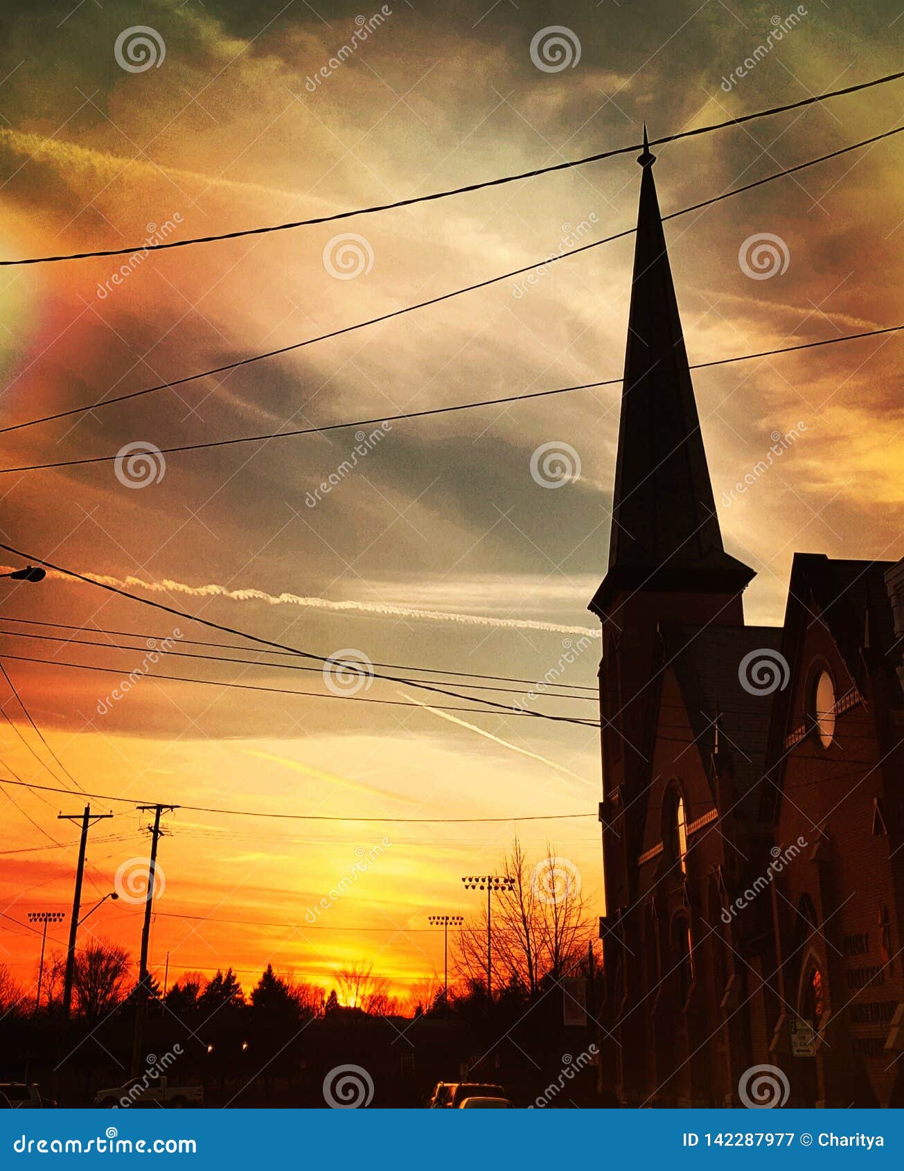 Sunset above the church stock image. Image of church - 142287977