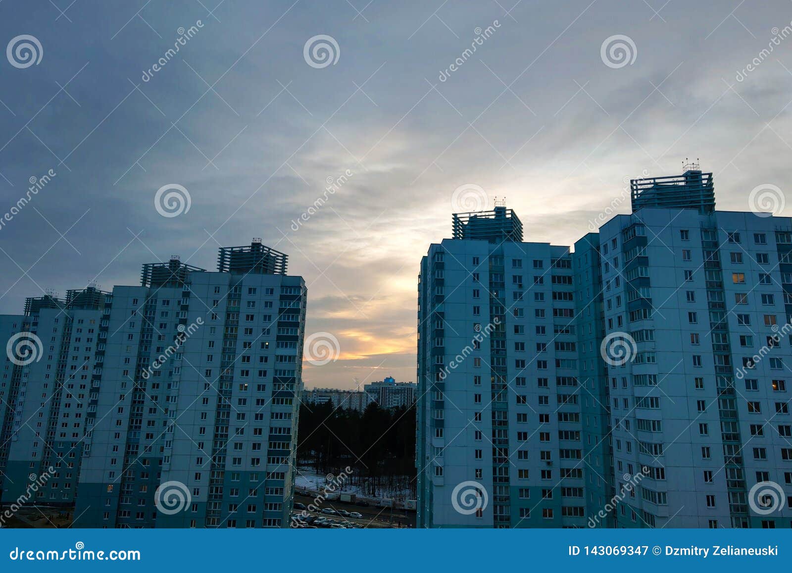 Sunset in the City on the Background of High-rise Stock Image - Image ...