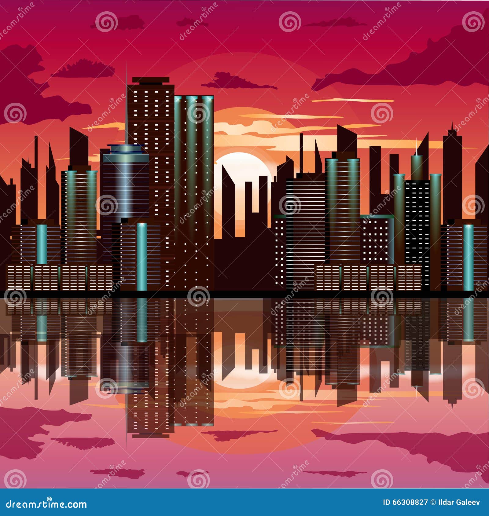 Sunset at City with Building Reflection Stock Vector - Illustration of ...