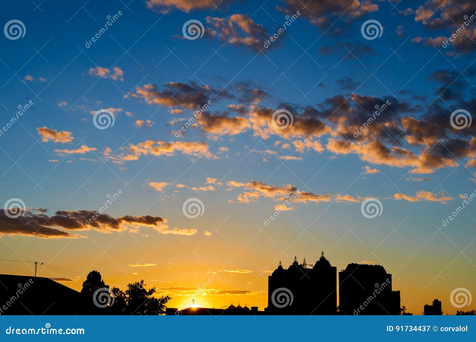 Sunset at City of with Building Silhouette. Stock Image - Image of high ...