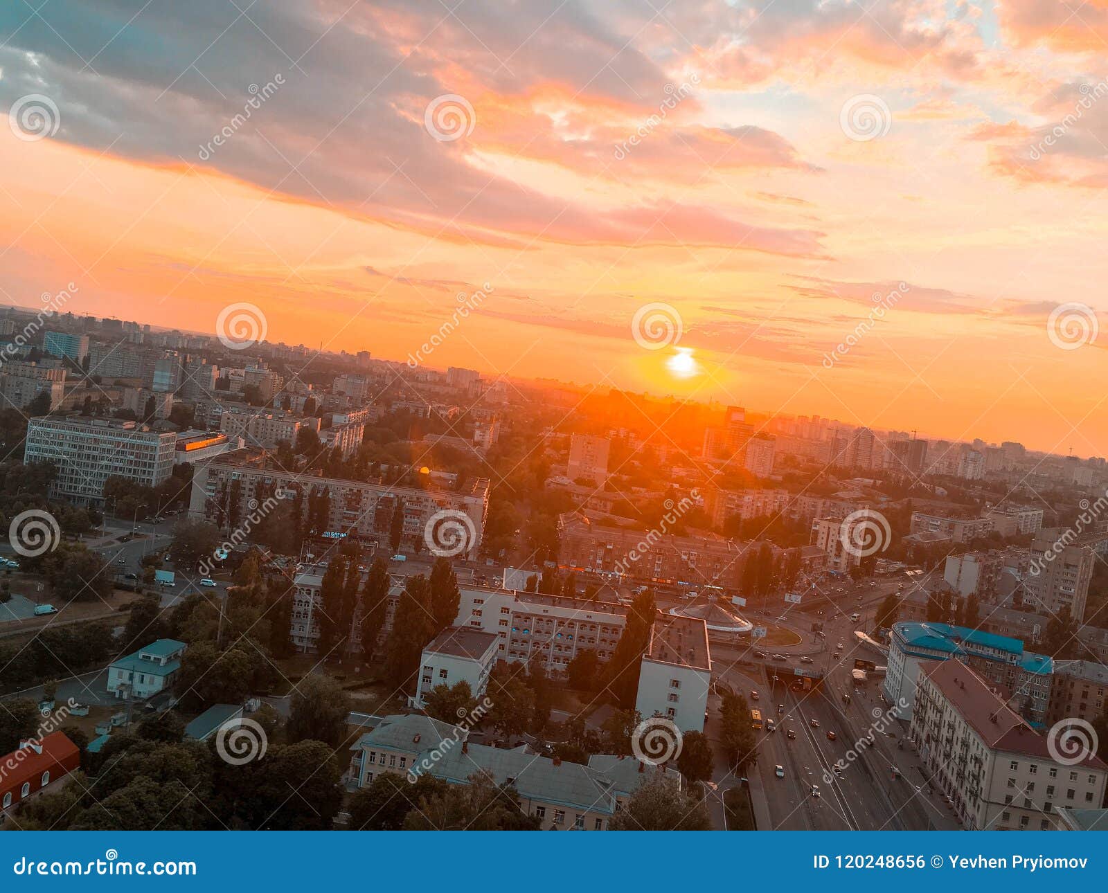 Sunset in the City from the Height of the Roof of a Multi-storey ...