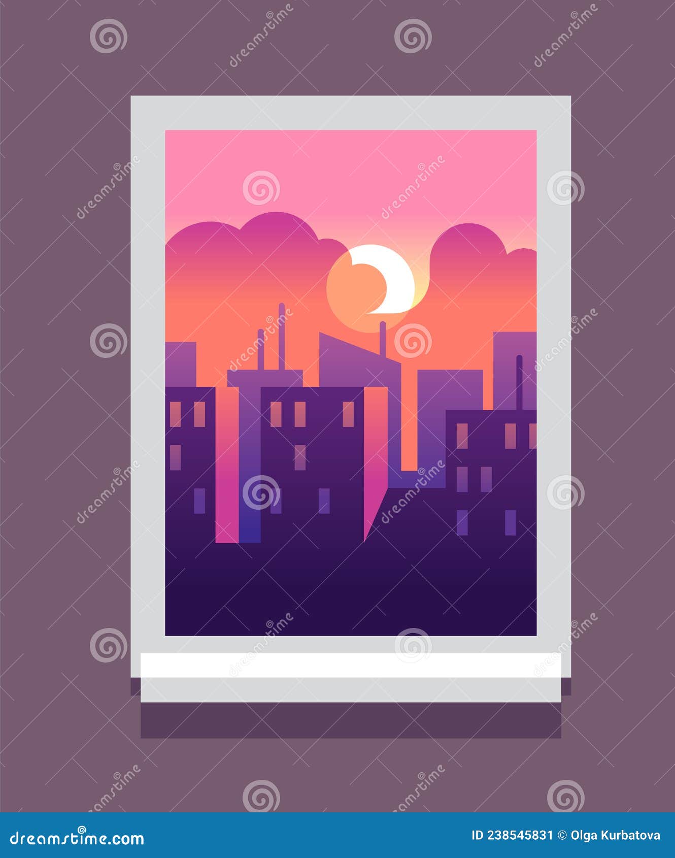 Sunset Cityscape from Apartment View. City in Window Frame Stock Vector ...