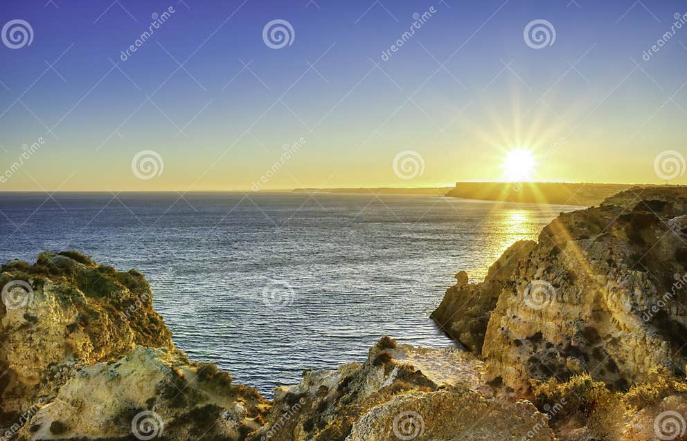 Sunset on Cliffs Rocks and Sun. Stock Photo - Image of freedom, poster ...