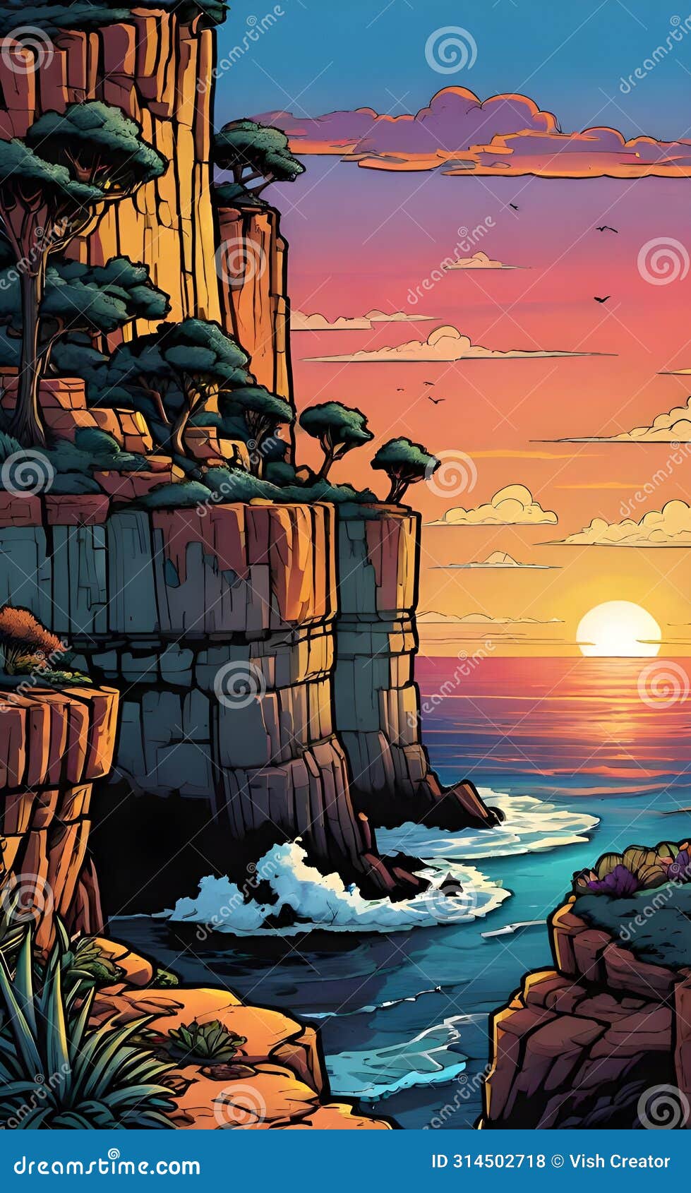 Sunset Cliffs Cartoonistic View Ai Generated Stock Illustration ...