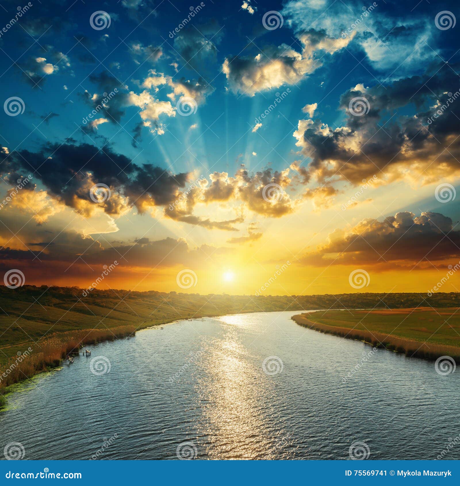 Sunset with Clouds, Light Rays Over River Stock Image - Image of ...