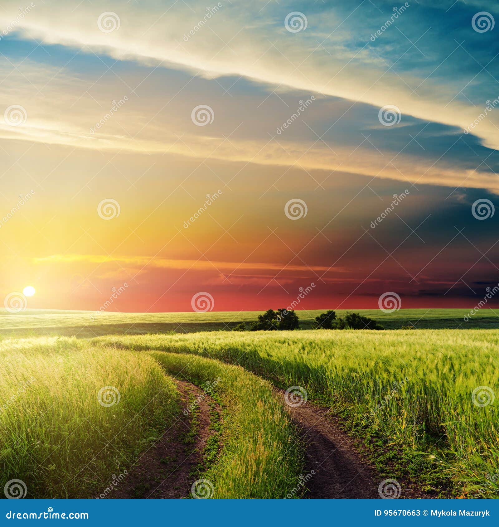 Sunset in Clouds Over Road in Green Field Stock Image - Image of ...