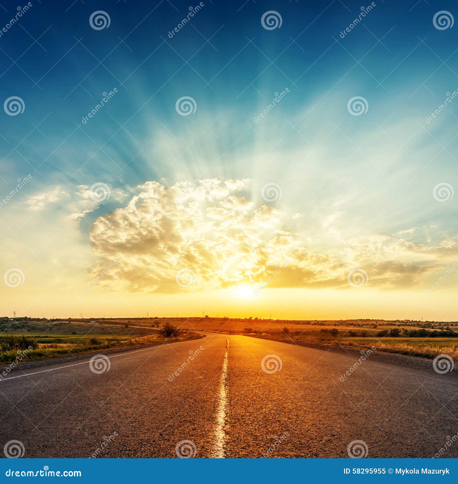 Sunset in Clouds Over Road To Horizon Stock Image - Image of freedom ...