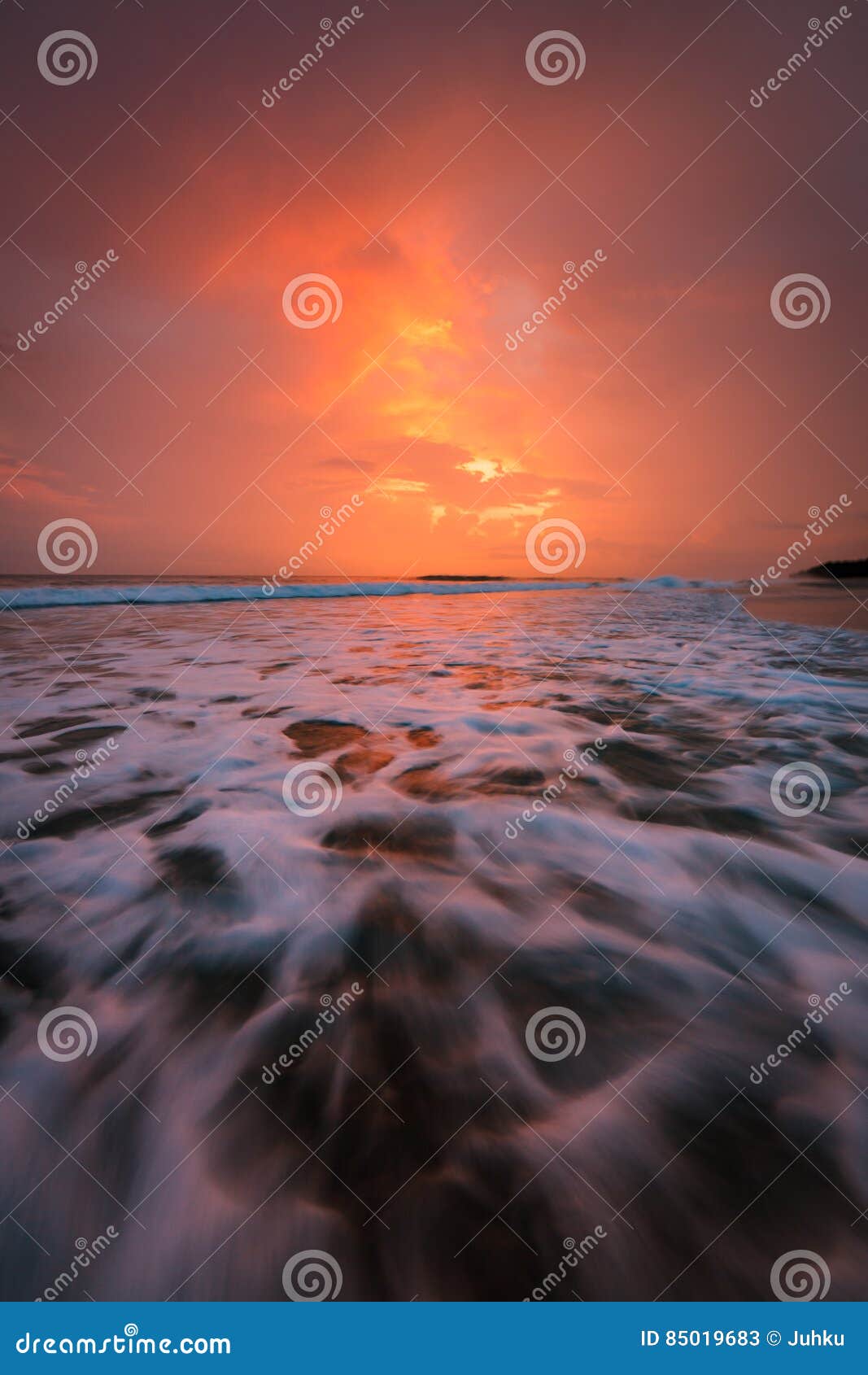 Sunset Clouds and Waves on Empty Beach Stock Image - Image of movement ...