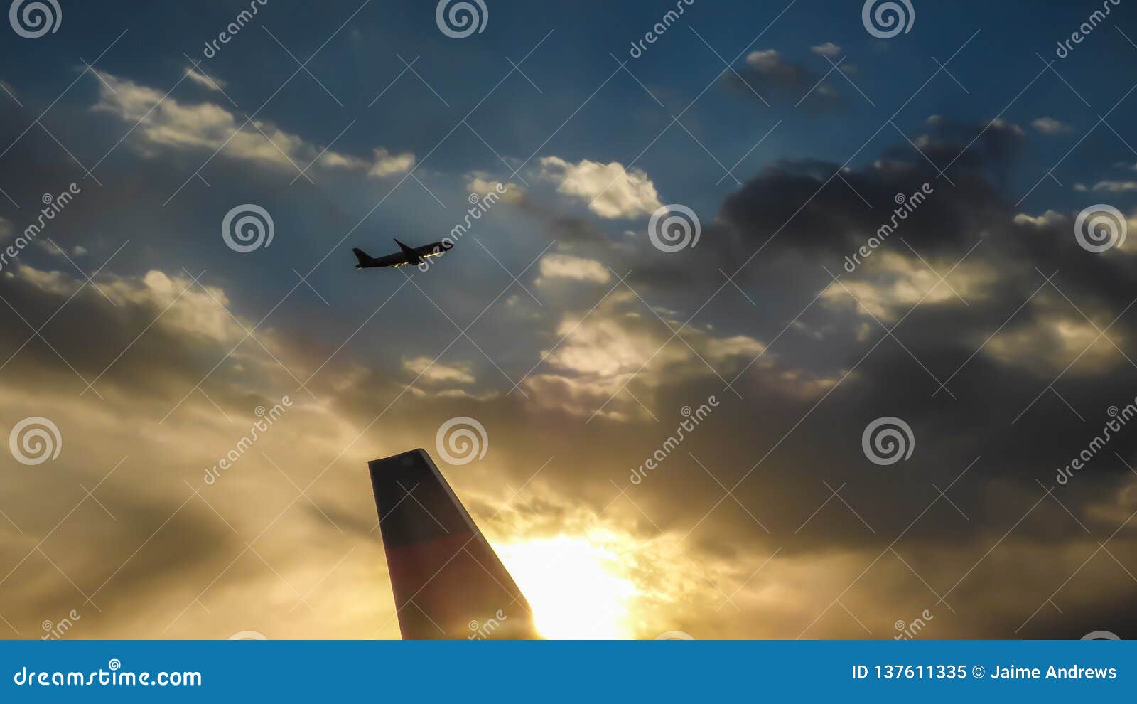 Sunset Cloudy Takeoff Airplane with a Tale Stock Image - Image of ...